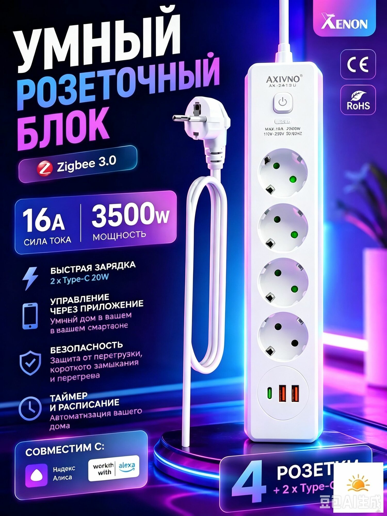 Умный розеточный блок Zigbee 3.0, порт Type-C 20Вт, 10А, 2500Вт, CE RoHS