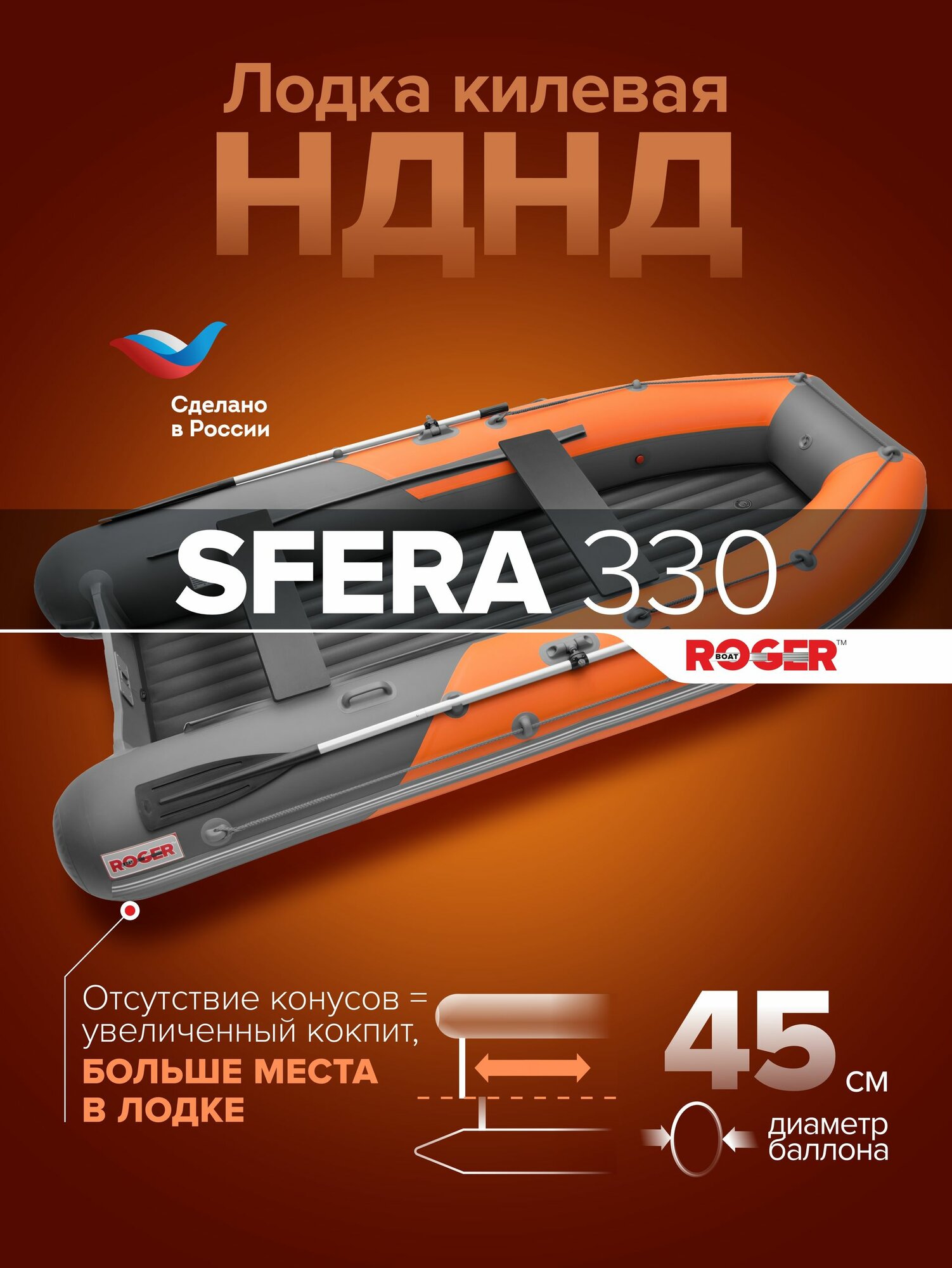 Лодка ПВХ под мотор ROGER Sfera 330, надувная для рыбалки НДНД килевая (оранжевый-графитовый)