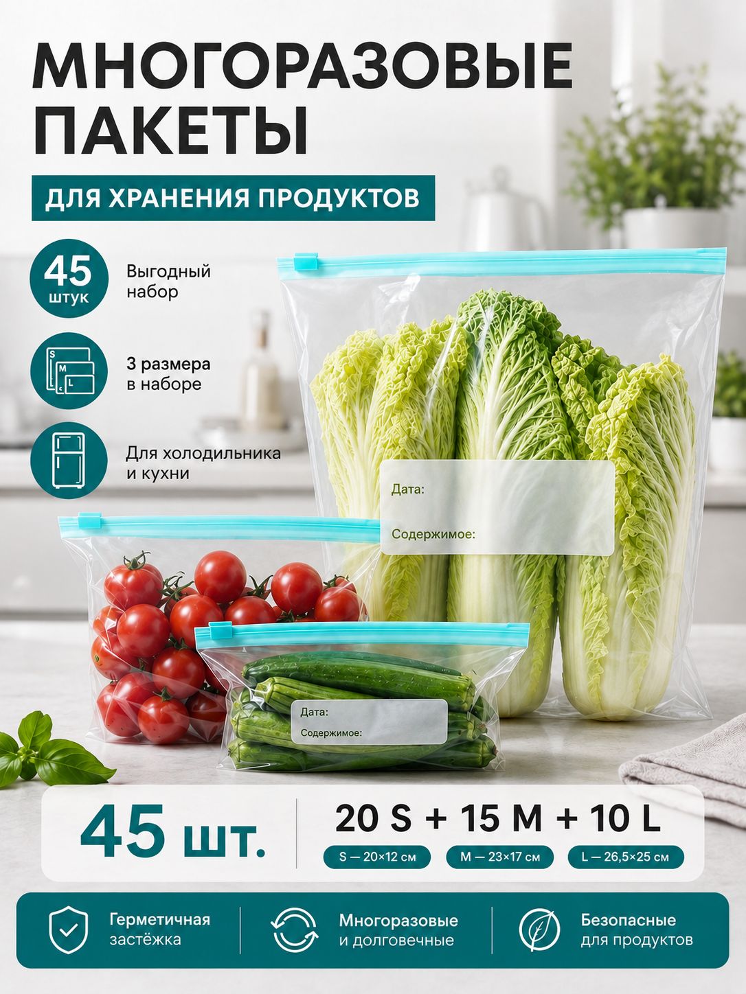 Пакеты для заморозки, 45 шт