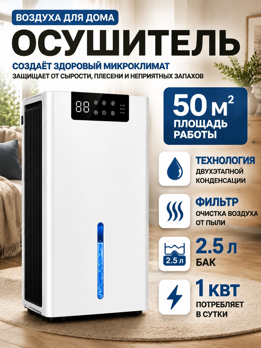 Beryoza Co. Осушитель воздуха Осушитель CX-1 объемом 2,5 литра для домашнего использования, подходит для квартир и ванных комнат