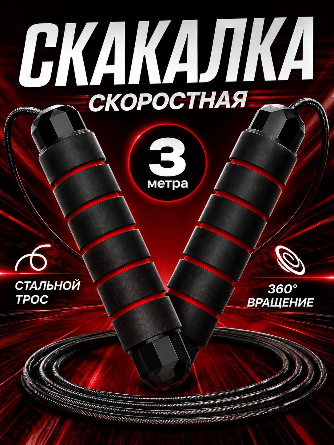 Скакалка скоростная для фитнеса взрослая с подшипником, скакалка спортивная гимнастическая 3 м, для тренировок и бокса, с регулировкой длины, нескользящая, для похудения и кардио, черная