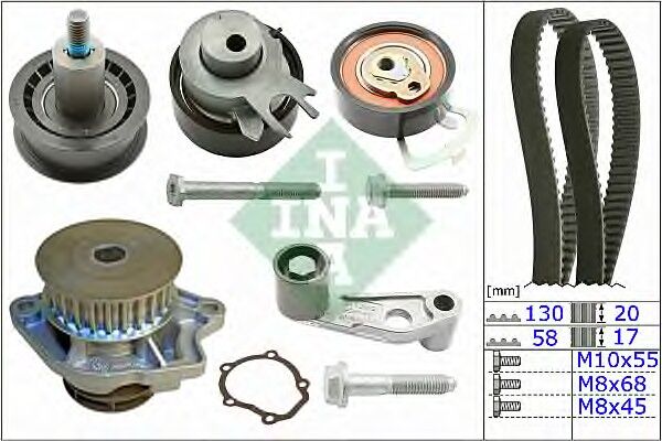 Комплект Грм С Помпой Audi/Vw A2/Golf Iv 1.4 1997 > (Ролик 4Шт+Ремень 130X20+Ремень 58X17+Помпа) (INA 530 0089 31)