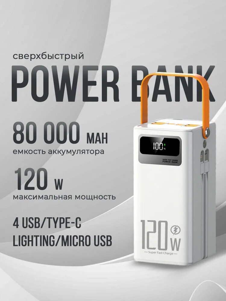 Повербанк (PowerBank) быстрая зарядка на 80000 мАч белый