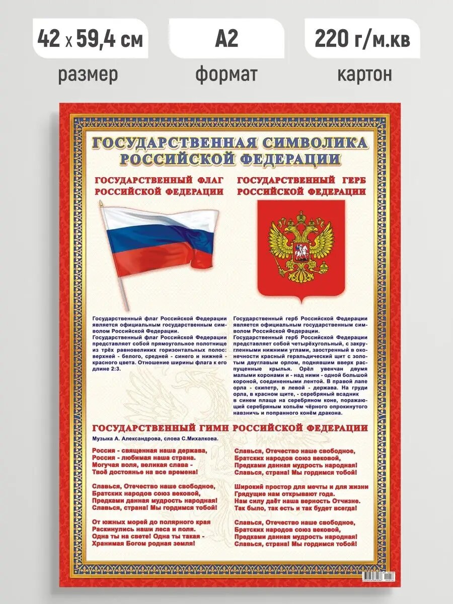 Плакат Государственная символика России, флаг герб гимн А2