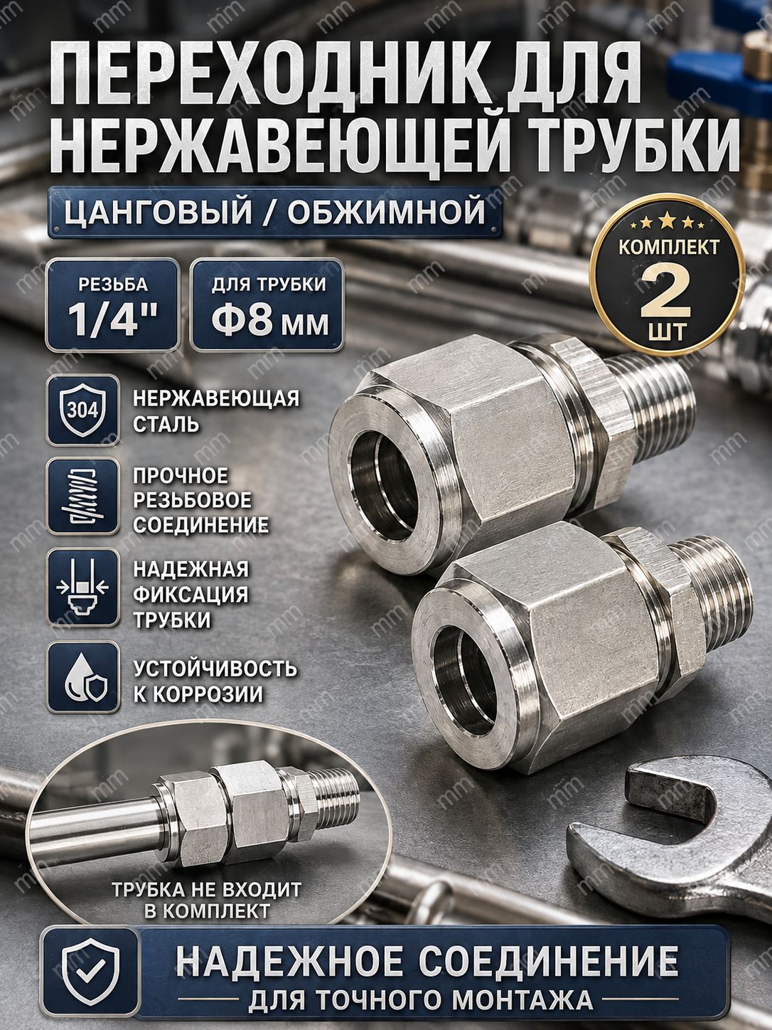 Фитинг цанговый для нержавеющей трубки 1/4"*ф8мм 2шт