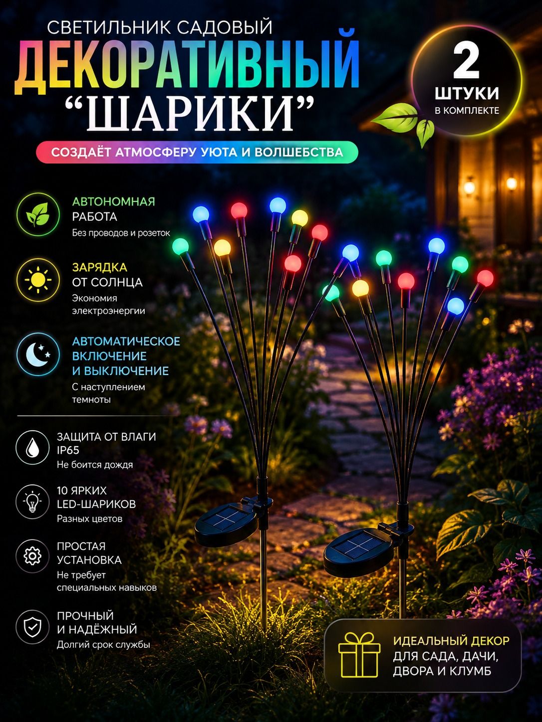 Уличный светильник Шарики цветные, количество шариков 2х10шт