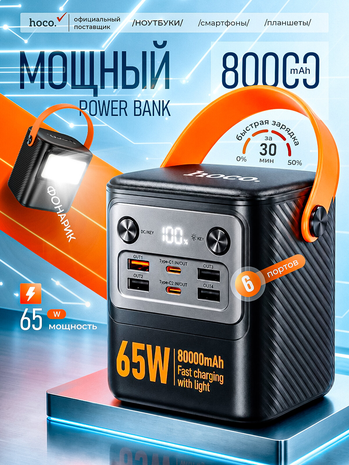 Мощный повербанк 80000 Mah с быстрой зарядкой и фонариком