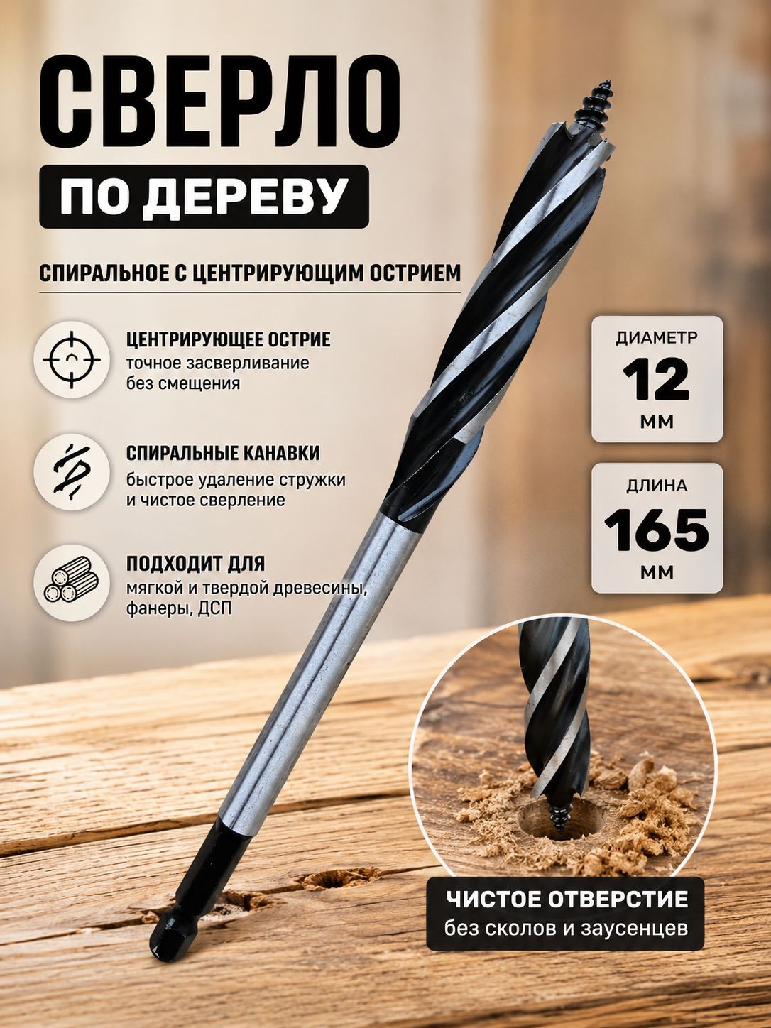 Сверло по дереву спиральное с центрующим острием 12 мм