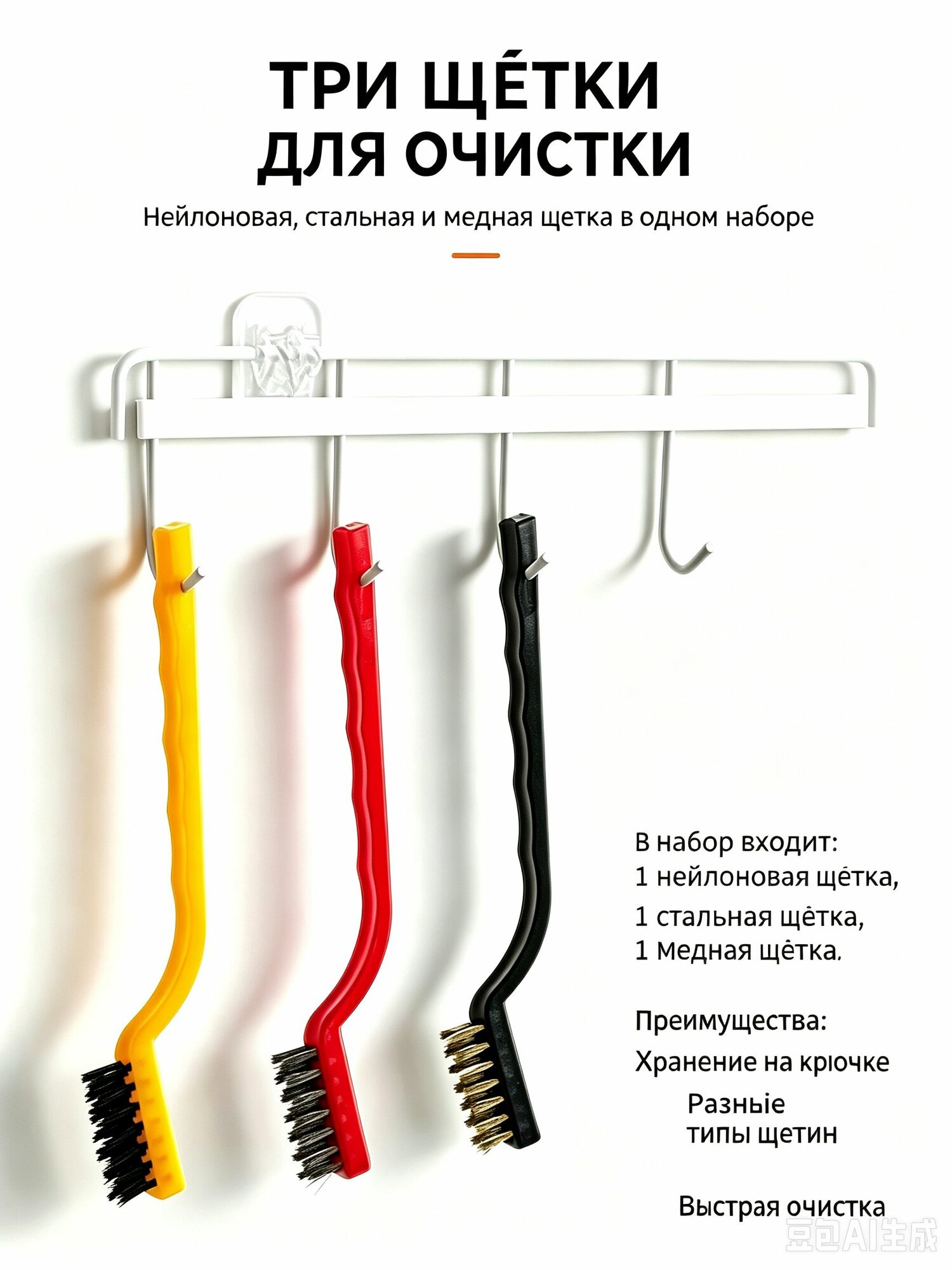 Щетки для чистки плиты кухонные, набор 3 шт, стальная, медная, нейлоновая щётка для вытяжки, мойки, удаление нагара и ржавчины