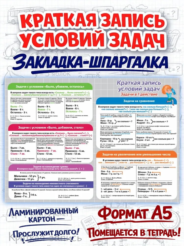 Закладка-шпаргалка по математике Краткая запись условий задач, памятка, А5, двусторонняя.