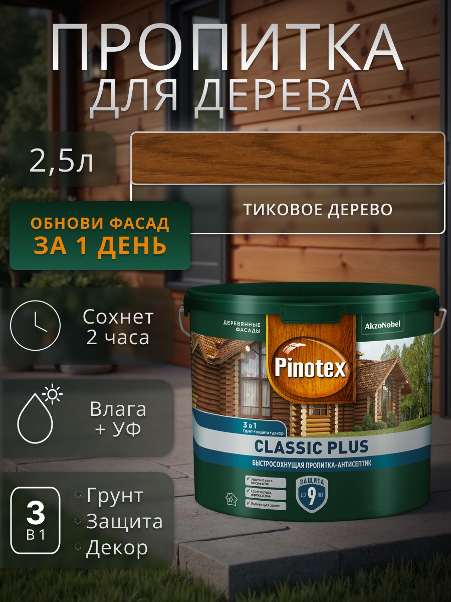 Пропитка для дерева Pinotex Classic Plus 3 в 1 для наружных работ тиковое дерево 2.5 л