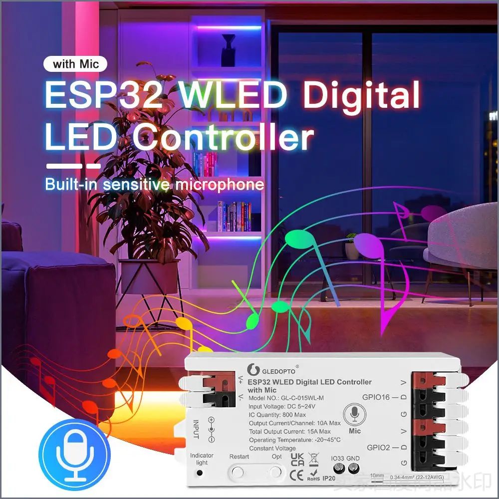 GLEDOPTO ESP32 WLED контроллер с микрофоном для музыки, динамическая RGB лента, DIY, управление через приложение, совместим с WS2811 WS2812 SK6812 TM1814 WS2813 WS2815