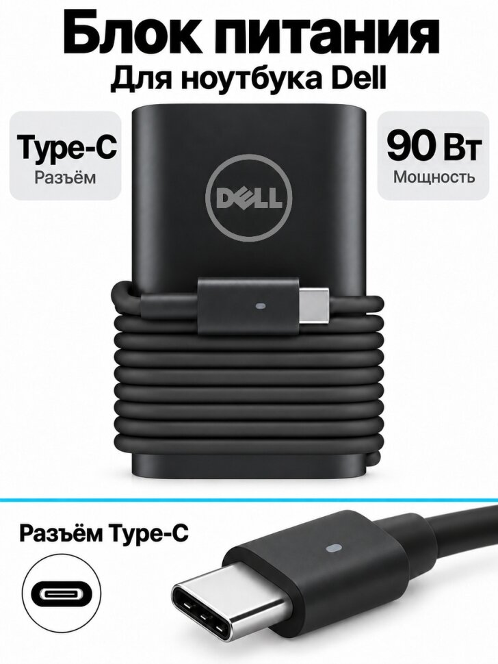Зарядное устройство для ноутбука Dell, XPS 15 9510, 20V - 4.5A, (Штекер: Type-C) 90 Вт Slim Round