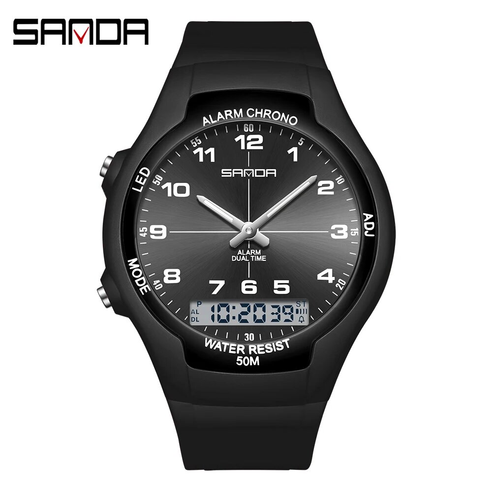 Мужские кварцевые спортивные часы SANDA6320 с двойным дисплеем Черный, black
