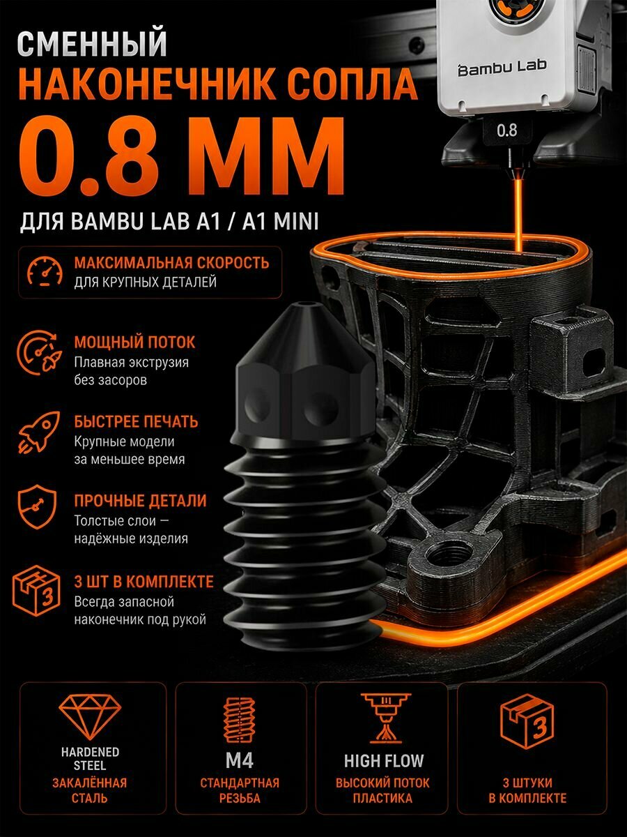 Наконечник сопла 0.8 мм из закаленной стали для Bambu Lab A1 / A1 mini / 3 шт. Сменный кончик / LeanLab