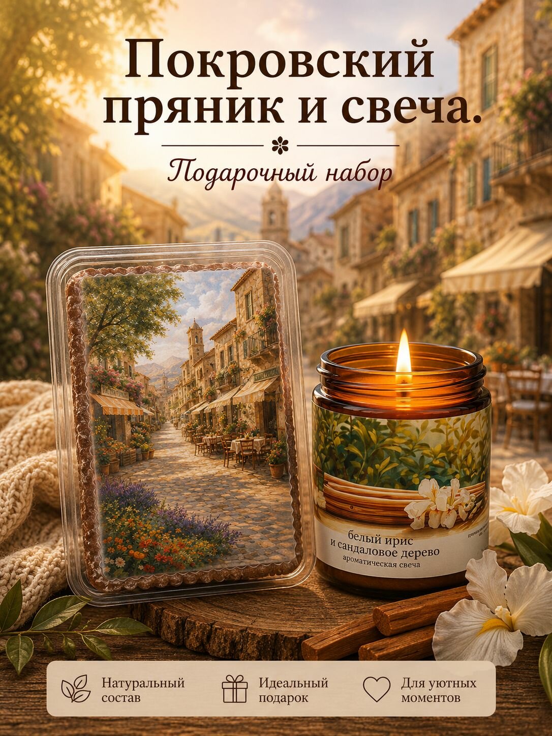 Подарочный набор: покровский пряник 140 гр и ароматическая свеча 190 гр