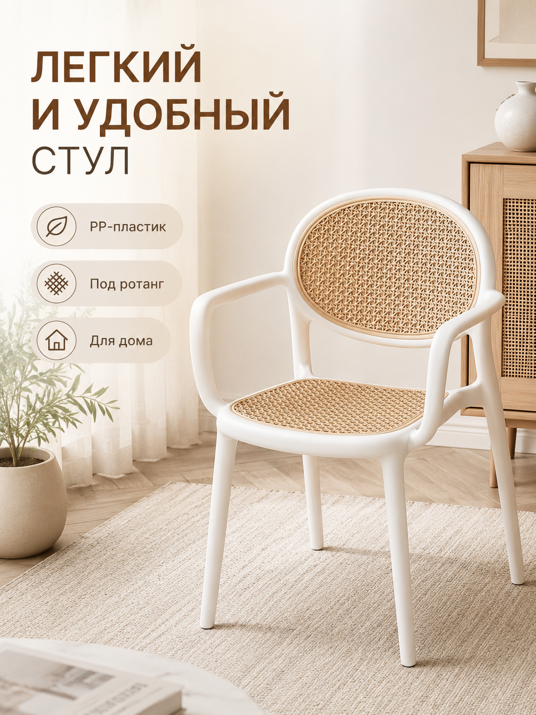 Стул кухонный с подлокотниками, PP-пластик, сиденье под ротанг, 47×49×83 см