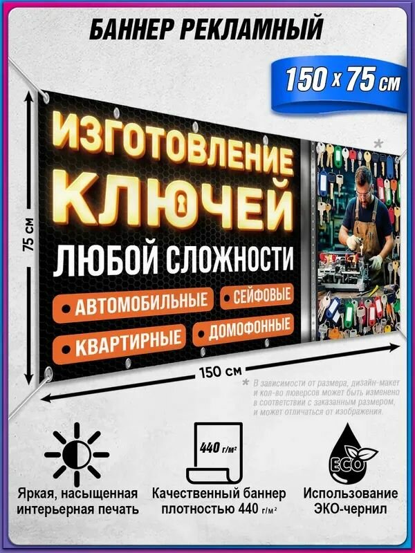 Баннер, рекламная вывеска "Изготовление ключей" / 1.5x0.75 м.