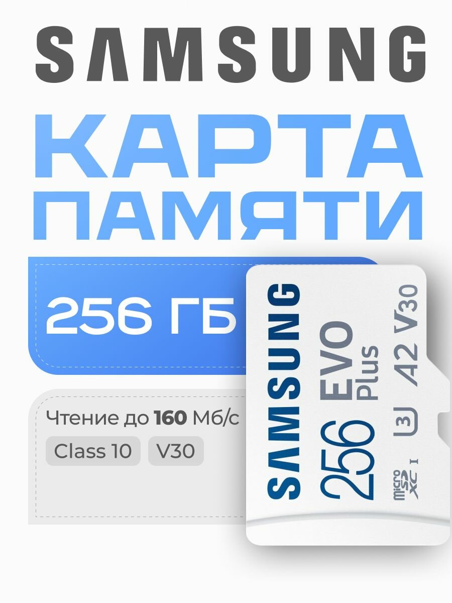 Карта памяти Micro SecureDigital 256Gb SDXC Samsung Evo Plus class10 UHS-I U3 (MB-MC256SA)