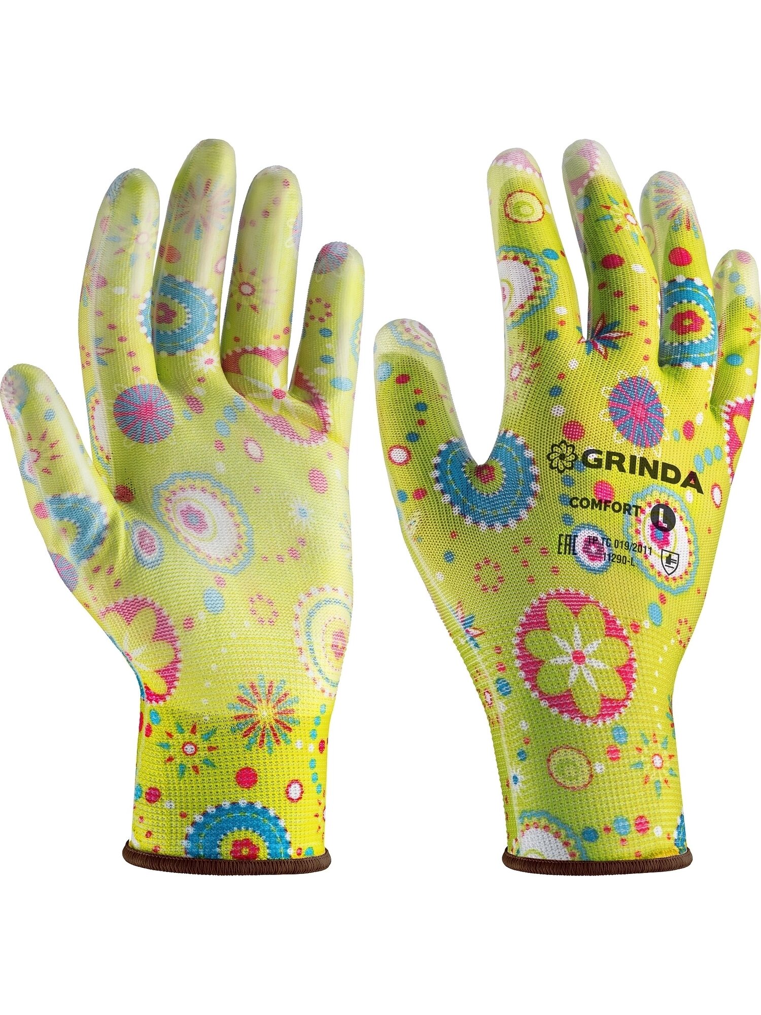 Садовые перчатки GRINDA COMFORT, L (9), 13 класс, с полиуретановым покрытием, зелёные