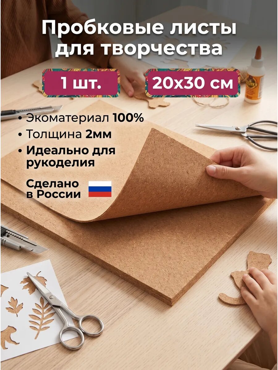 Пробковая подложка, 2 мм, 1 лист 20х30 см