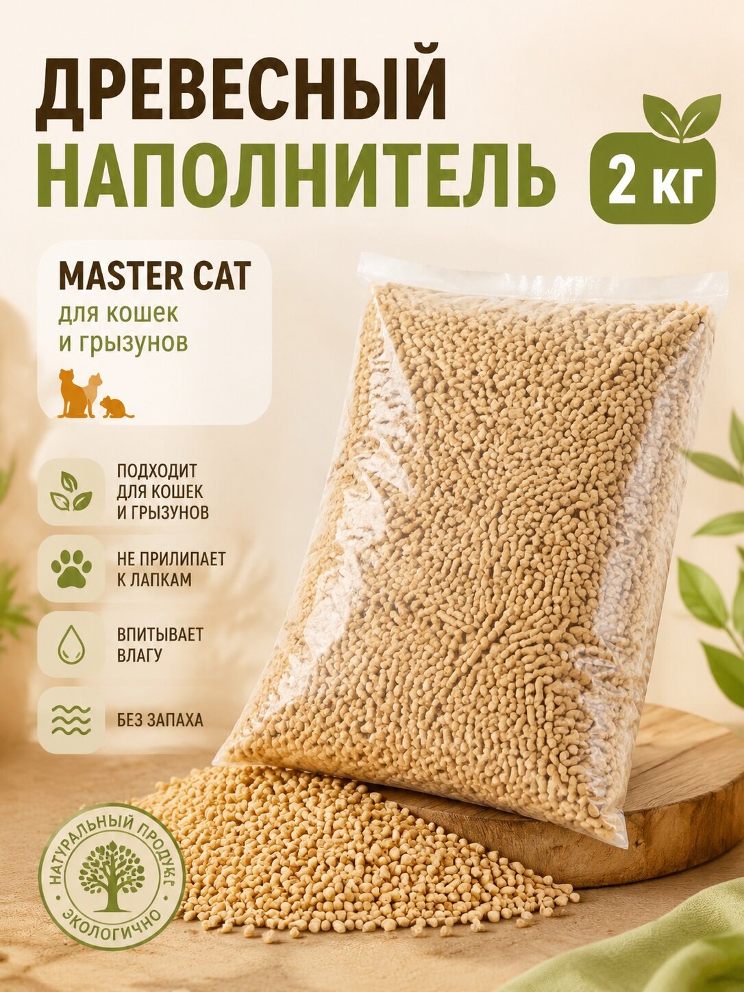 Наполнитель Master Cat, для кошек и грызунов, древесный, 2 кг, без отдушки, 1 шт