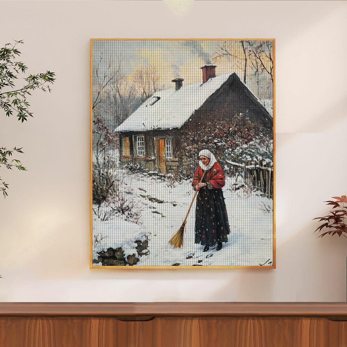 1 бескаркасная 14CT/11CT крестовая вышивка 40X50CM/15.7*19.7inЗимний снег, метущий старую ледикот в окне, цветов с иголками, нитками, чертежами, холстом.