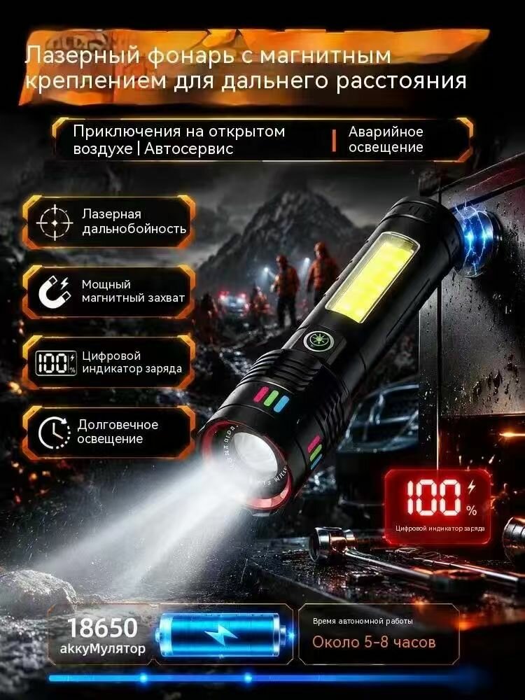Ручной лазерный перезаряжаемый фонарик с боковыми фонарями, наружные фонари для кемпинга