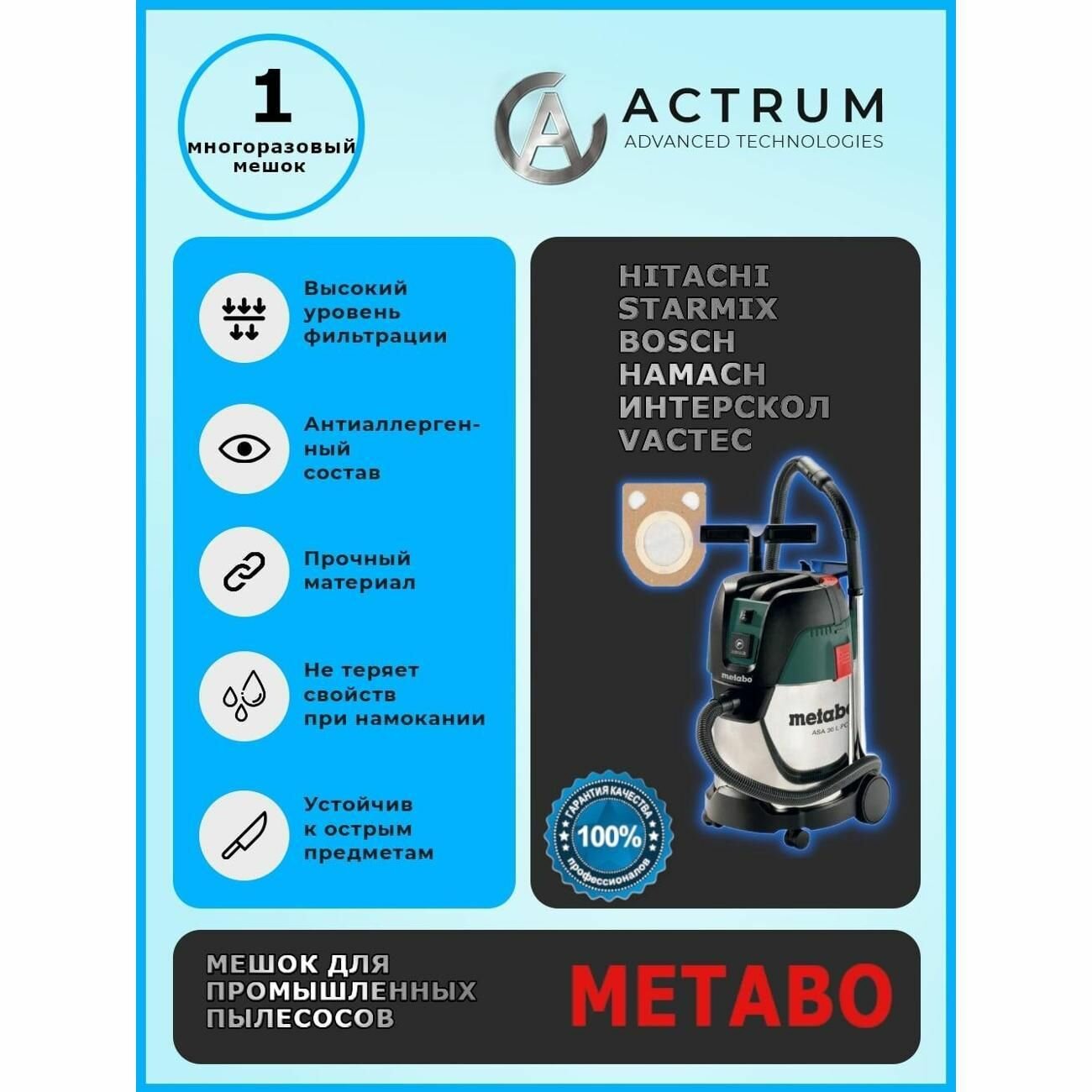 Пылесборник ACTRUM Многоразовый мешок для пылесоса BOSCH, METABO