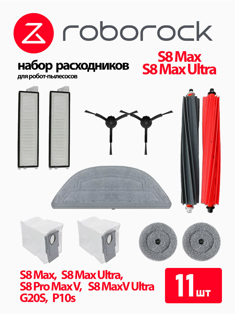 Набор расходников для робота пылесоса Roborock S8 Max Ultra, S8 Max, S8 Pro Max V, S8 MaxV Ultra / G20S, P10s. 11 в 1. Фильтры, щетки, валик, мешки, мапы.