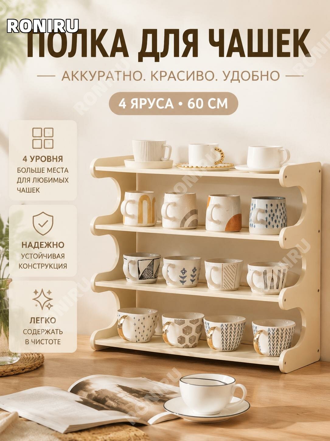 Бамбуковая подставка для чашек, органайзер для кружек, стаканов, бумажной посуды и бокалов,4 яруса, молочно белый, защита от пыли