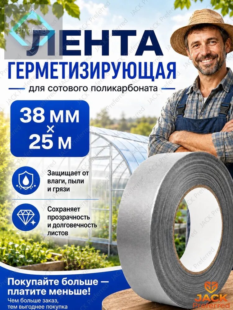 Гермолента 38мм*25м широкая - герметизирующая лента для поликарбоната(38)