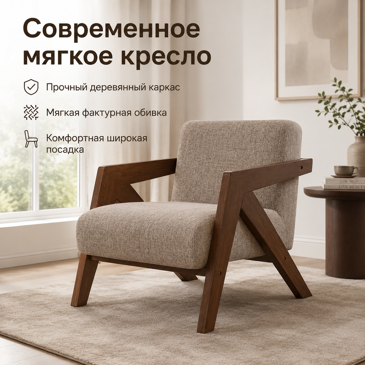 Кресло для отдыха на балконе в гостиной, массив дерева, льняная ткань, светло-серый,53*63*77 см