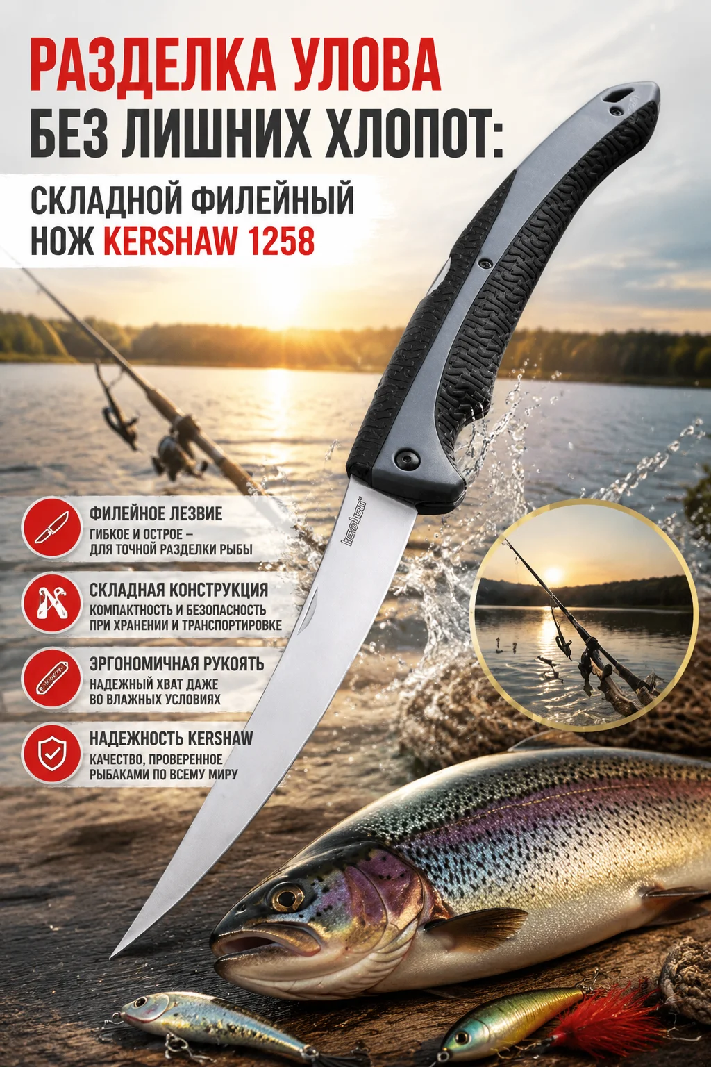 Складной филейный нож "Kershaw" 1258 KAI USA, нескользящий, нержавеющая сталь