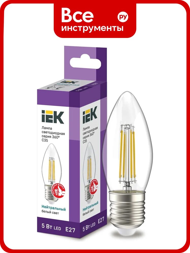 Лампа IEK серия 360, LED, C35, свеча, прозрачная, 5вт, 230В, 4000К, E27 LLF-C35-5-230-40-E27-CL