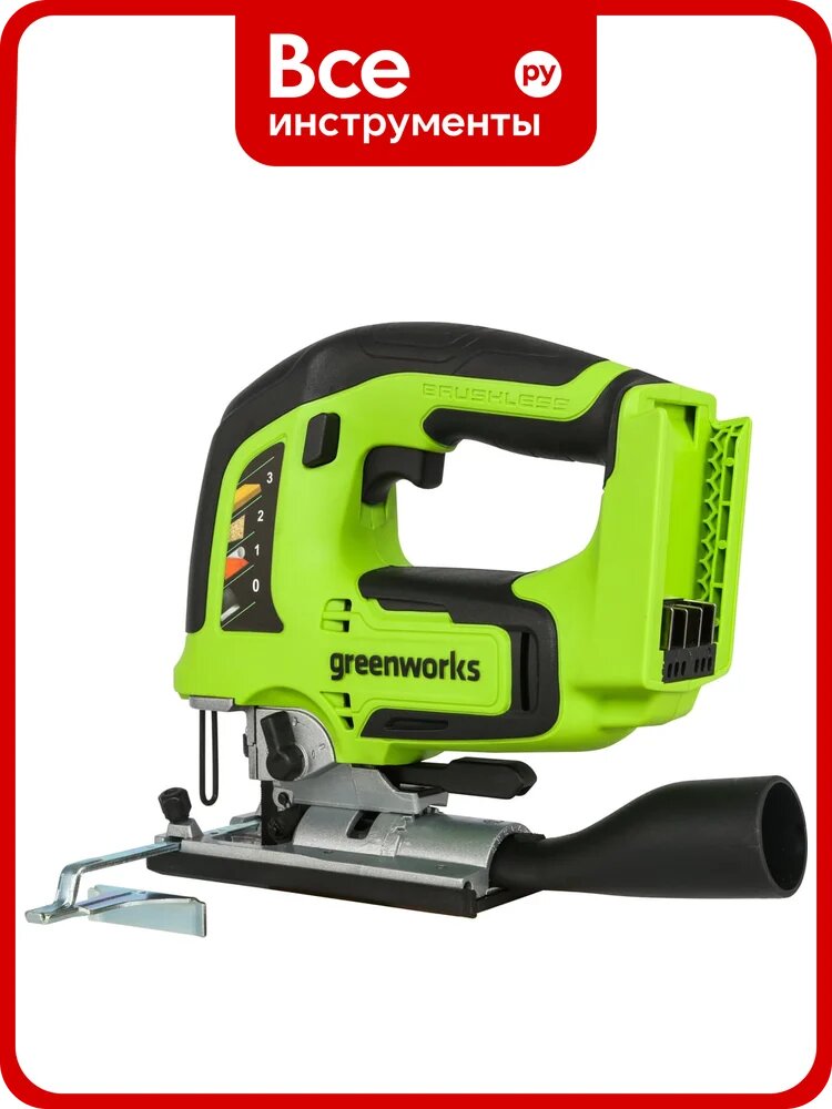 Аккумуляторный лобзик Greenworks GD24JS 3601407 с заменой пилки, подсветкой, наклоном без инструмента и литой подошвой