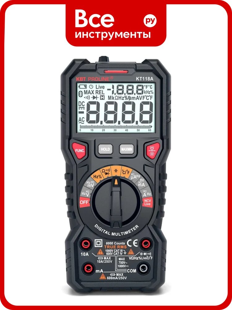 Цифровой мультиметр КВТ KT 118A PROLINE с True RMS, NCV, диод‑тестом, подсветкой дисплея и режимом прозвонки
