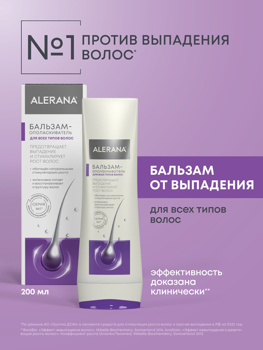 ALERANA бальзам от выпадения, для поврежденных, сухих и ломких волос всех типов, 200 мл против выпадения восстановление увлажнение укрепление