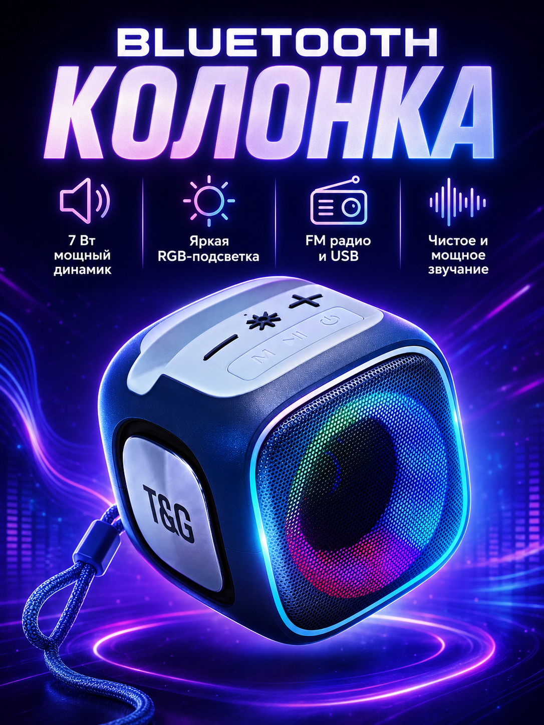 Беспроводная Bluetooth колонка, Портативная мини колонка с LED подсветкой, Сине-мятный