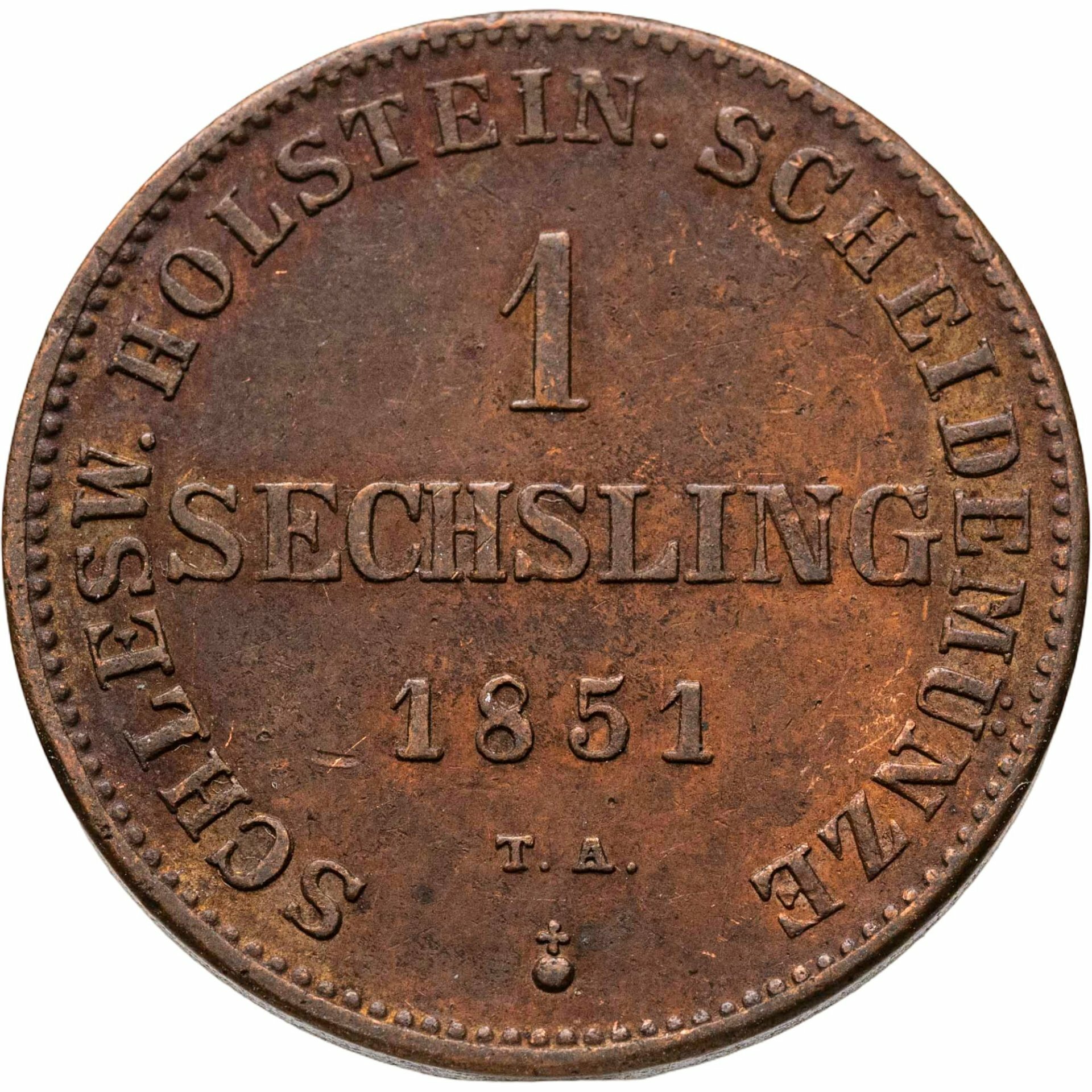 Шлезвиг-Гольштейн 1 сехслинг 1851, Медь, в сохранности XF