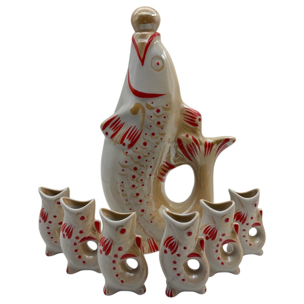 Фарфоровый штоф "Рыба" + 6 стопок (бежевый), 1991-2006 гг, Полонский завод, Украина