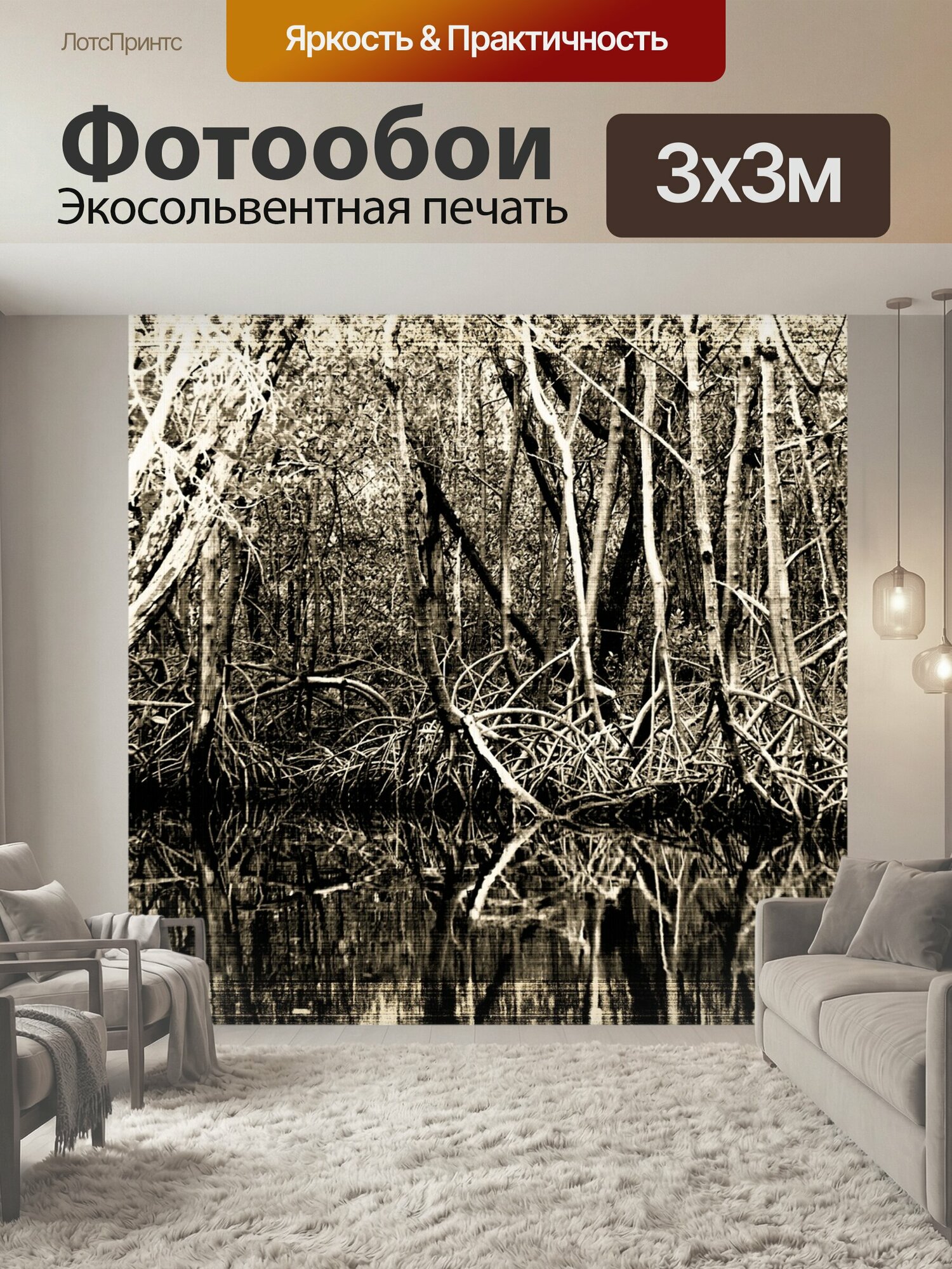 Фотообои "Болота, южные штаты, черно-белый" 300x300 см. экосольвентная печать