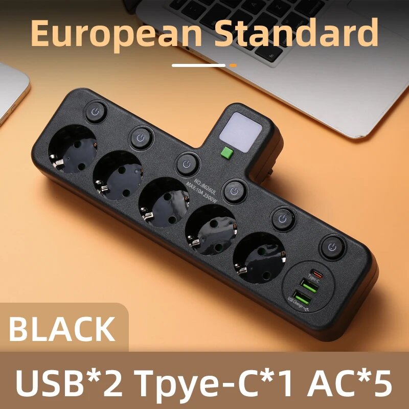 AXUS Многофункциональный удлинитель с USB 2 м Черный, Black 5 Sockets USB