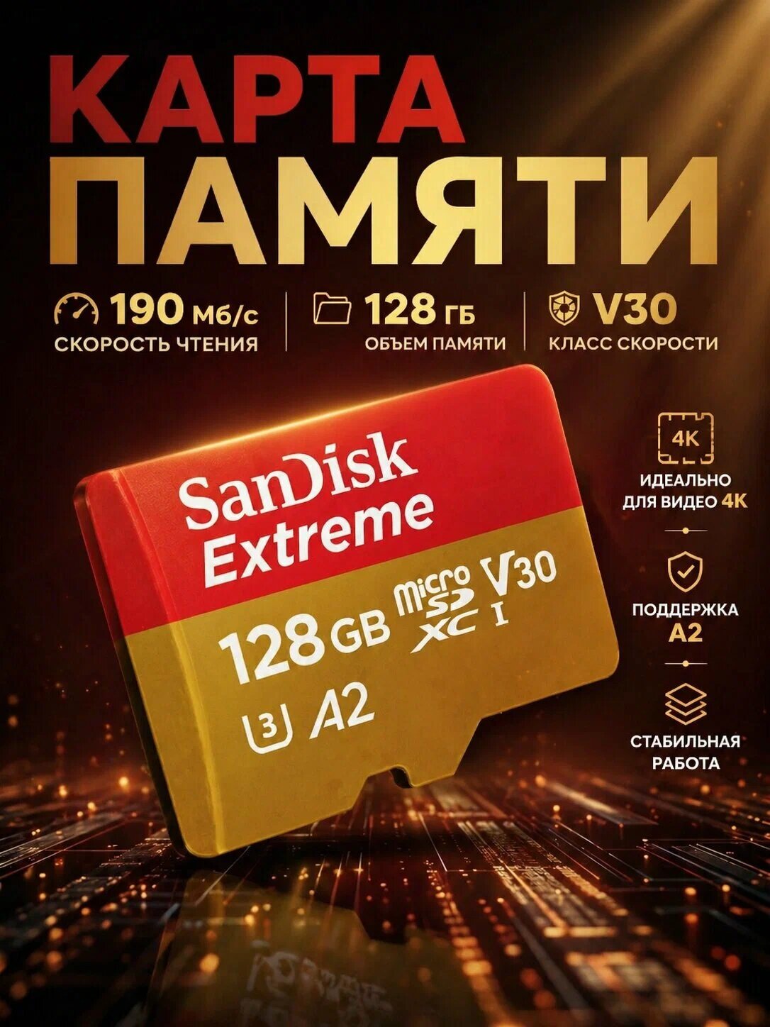 Карта памяти San Disk MicroSDXC 128 ГБ Extreme A2 UHS-I V30 U3 190/90MB/s, с адаптера