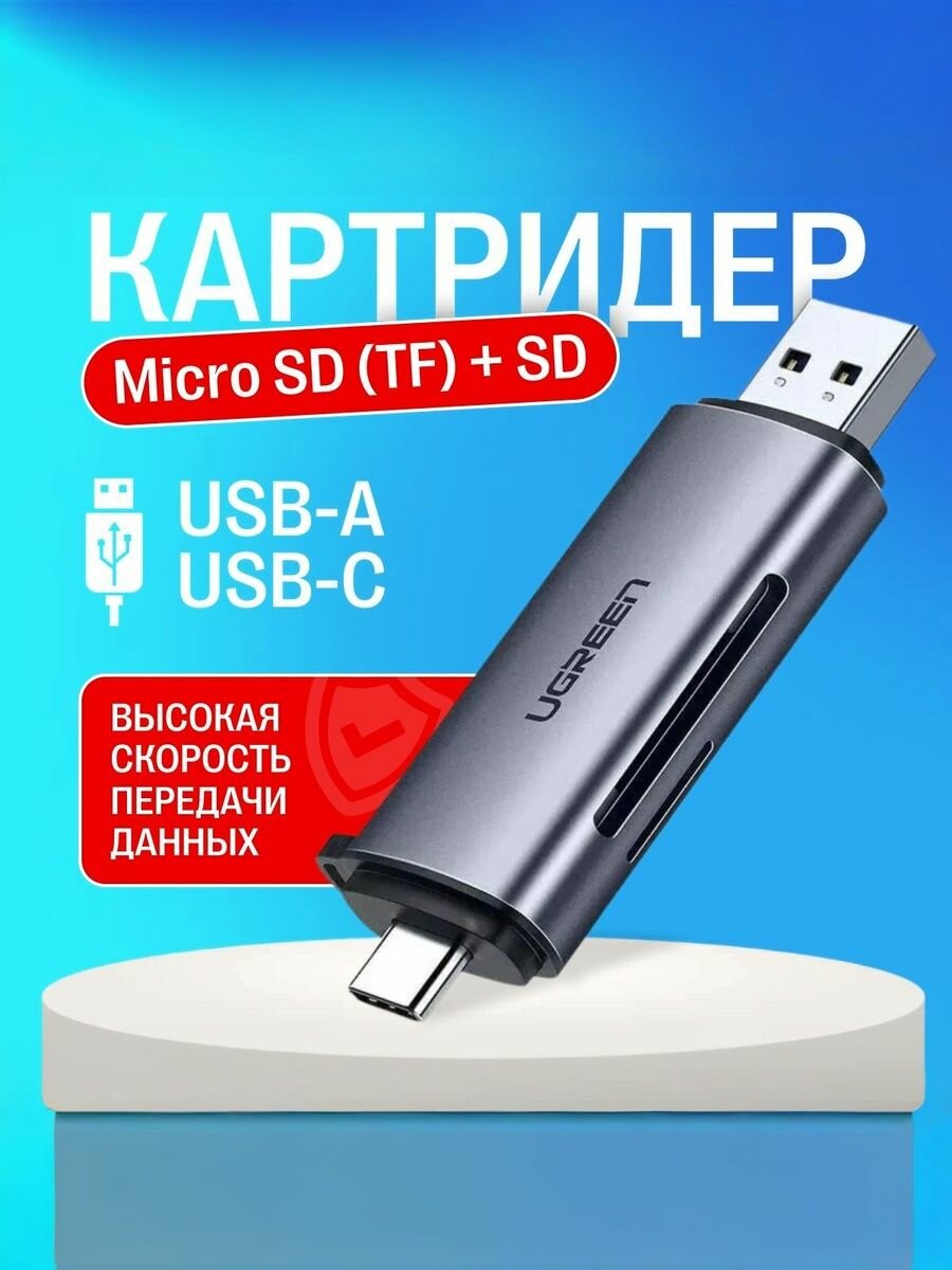 Картридер Micro SD USB для чтения карт памяти UGREEN CM185. ридер для Micro SD кардридер USB