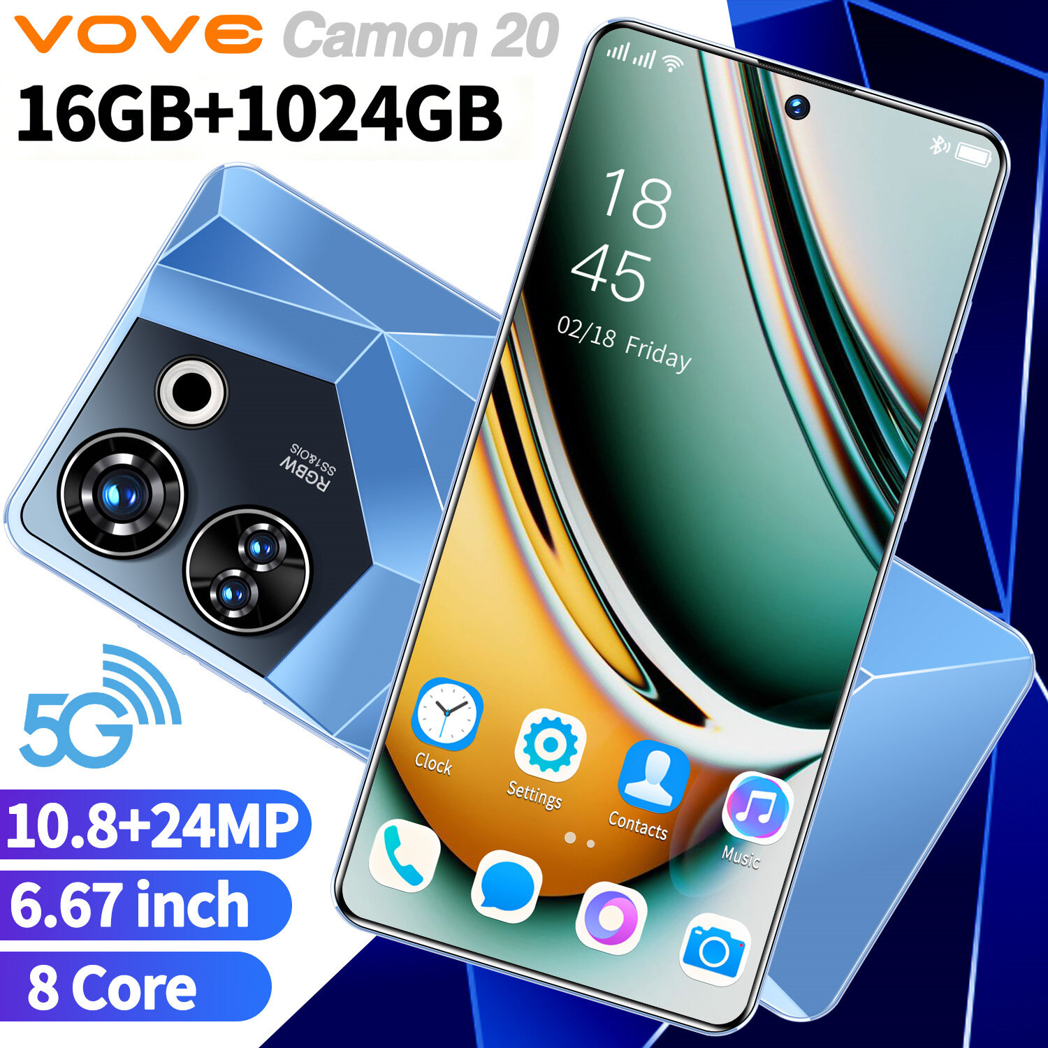Смартфон Camon20 VOVE, 6.67", 24МП камера, 5000mAh, 1TB, Android 14, черный