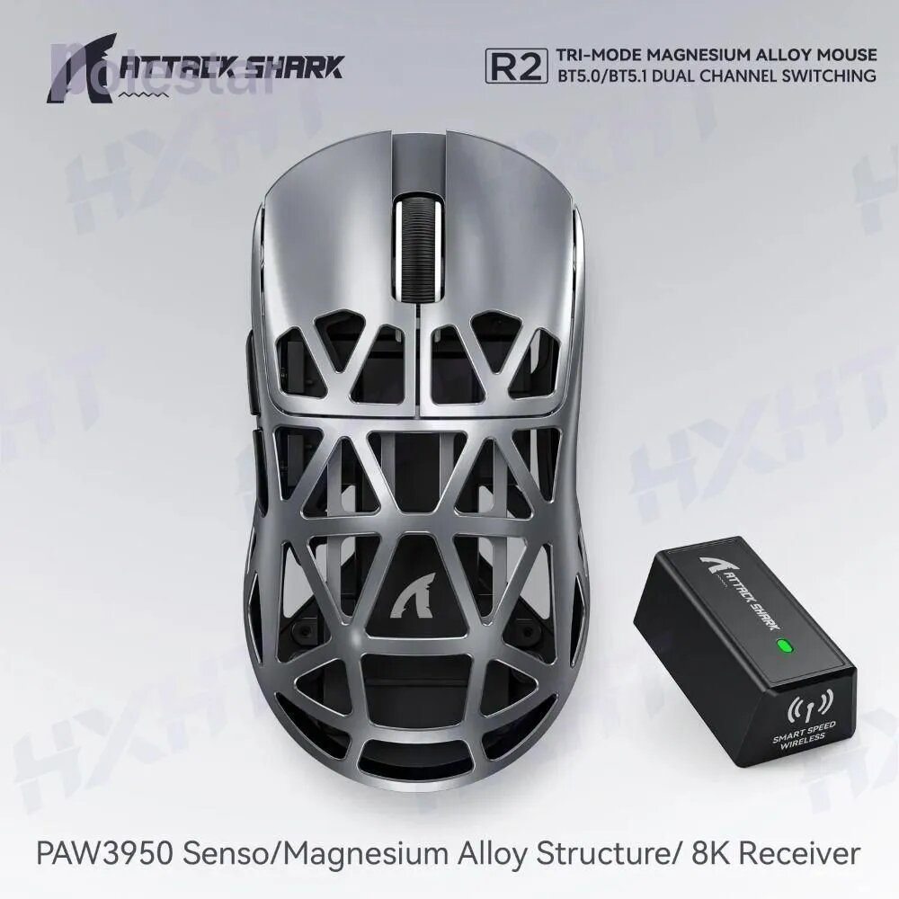 Attack Shark R2 Мышь Беспроводная Игровая, Сенсор PAW3950, 8K Hz, Ультралегкий Магниевый Корпус, Три Режима Подключения (Bluetooth, 2.4G, Проводной)