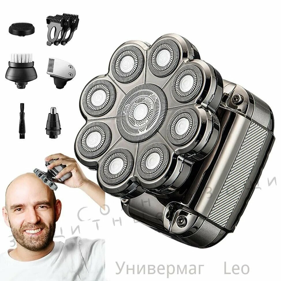 Электробритва 9D Мужские электробритвы Лысая аккумуляторная бритва IPX7 Водонепроницаемая роторная бритва со светодиодным дисплеем, серебристый