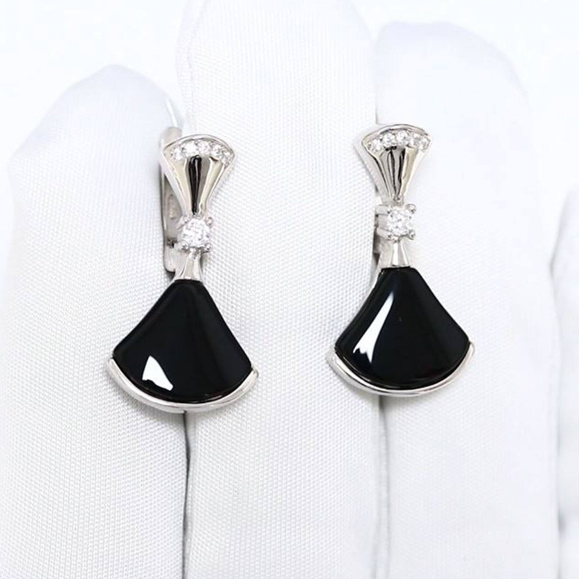 Серьги, серебро, 925 проба, родирование, оникс, фианит