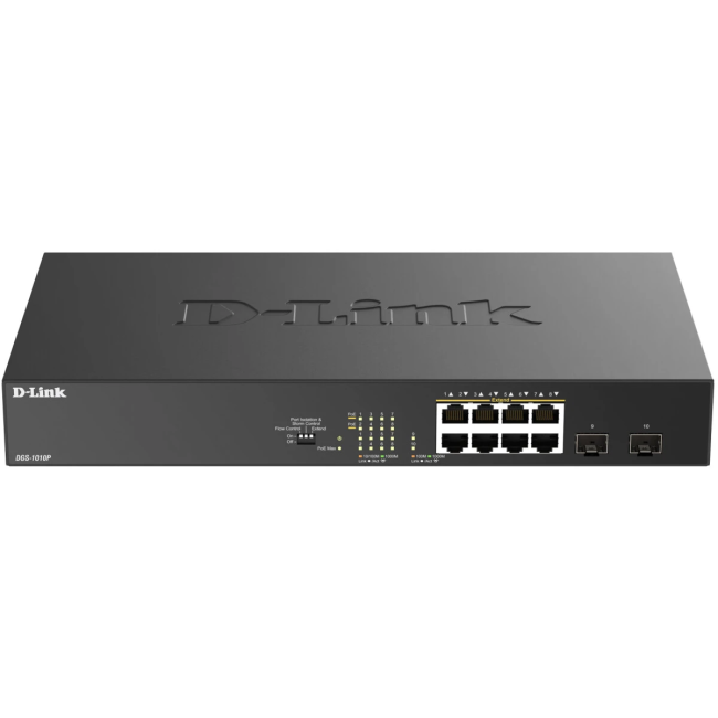 Коммутатор D-Link DGS-1010P/B1A 8x1Гбит/с 2SFP 8PoE 8PoE+ 125W неуправляемый